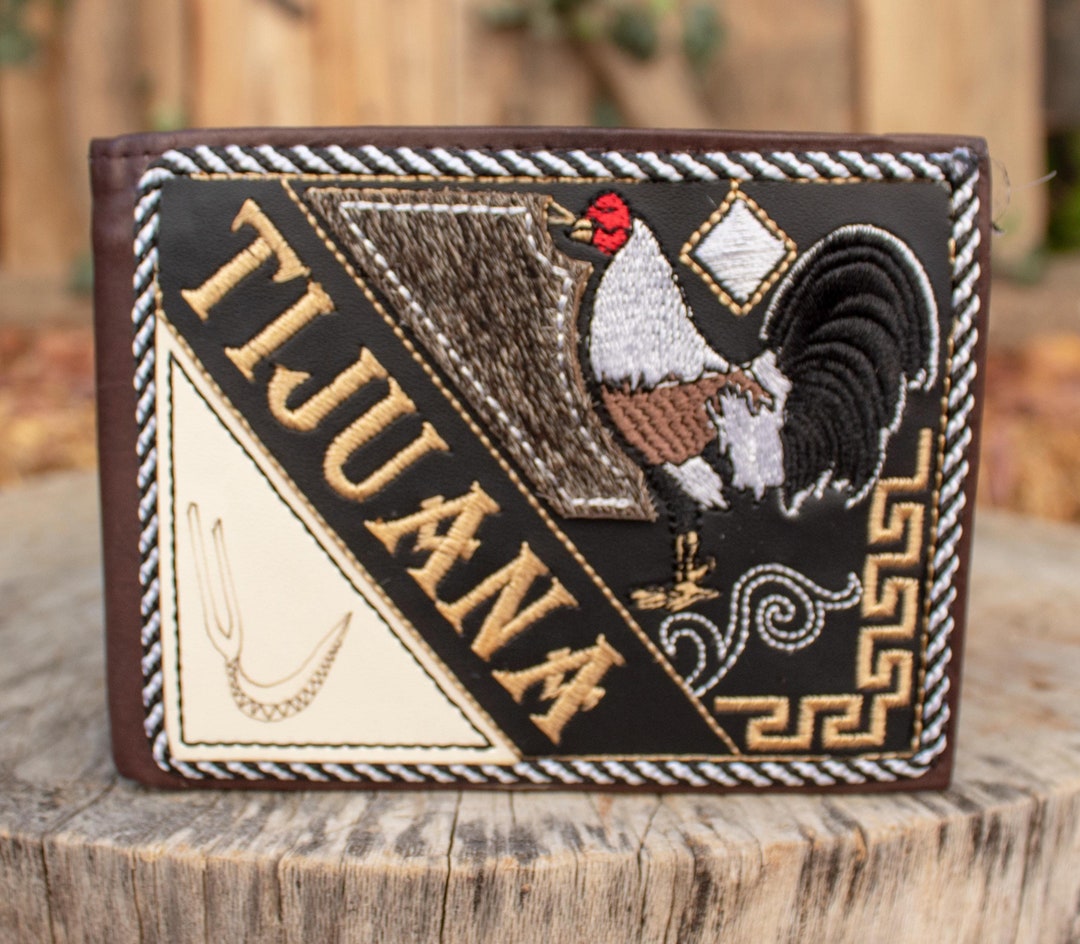 TIJUANA Mexico WESTERN EMBROIDERED Leather Rooster Gallo Bi Fold Wallet ...
