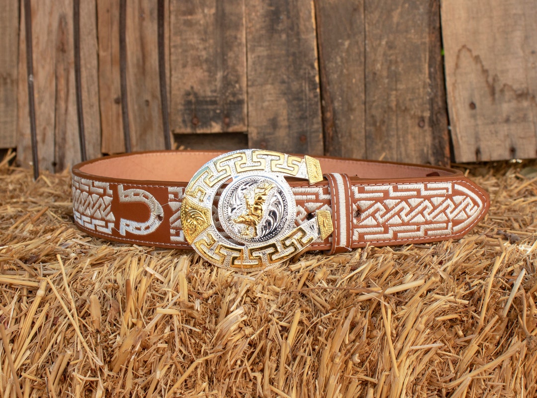 Mens WESTERN LEATHER Horse Shoe RODEO Embroidered Leather Belt and ...
