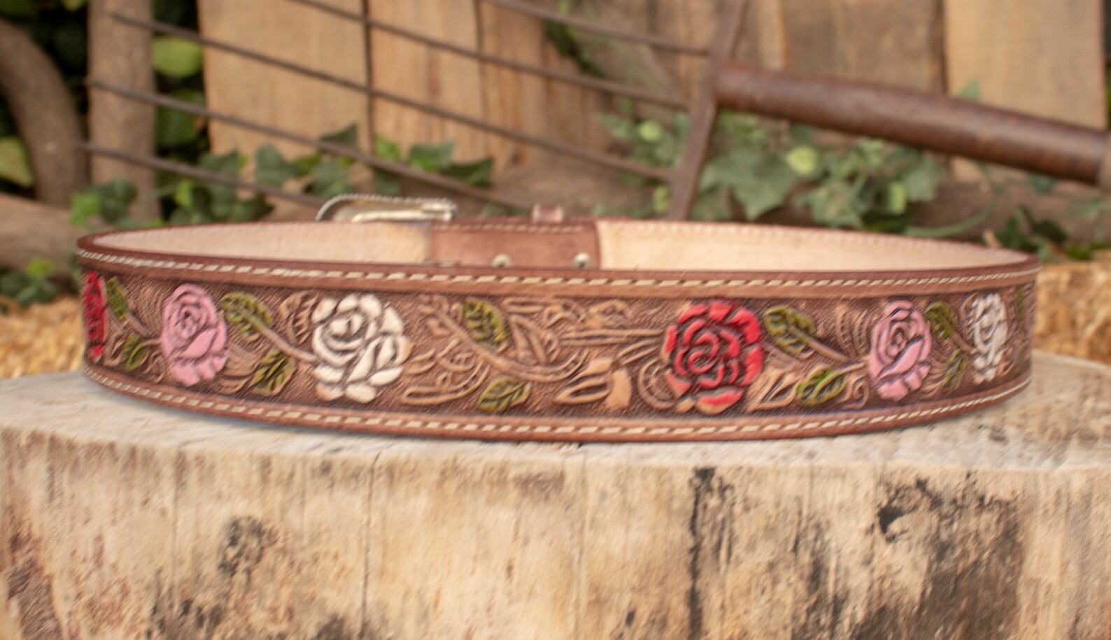 Womens LEATHER STAMPED ROSES Western Cowgirl Cowboy Leather Belt Cinto ...