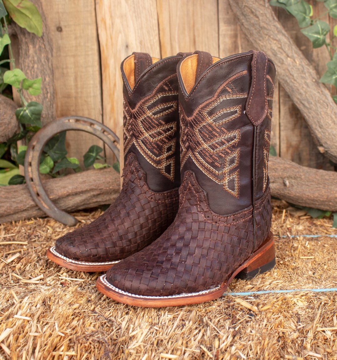 TODDLER KIDS Youth Unisex Square Toe Brown Leather HANDTOOLED Cowboy ...
