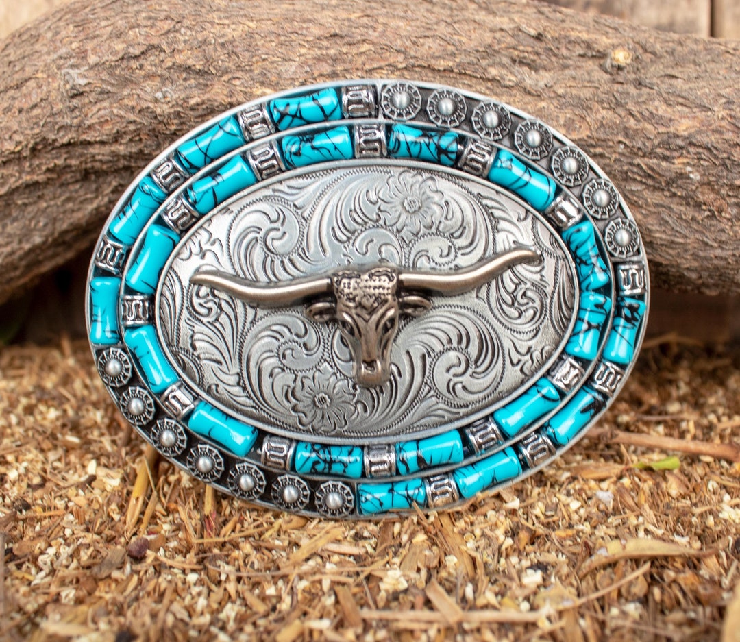 LONGHORN Bull Toro Metal ENGRAVED Cowboy Western TURQUOISE Mariachi ...