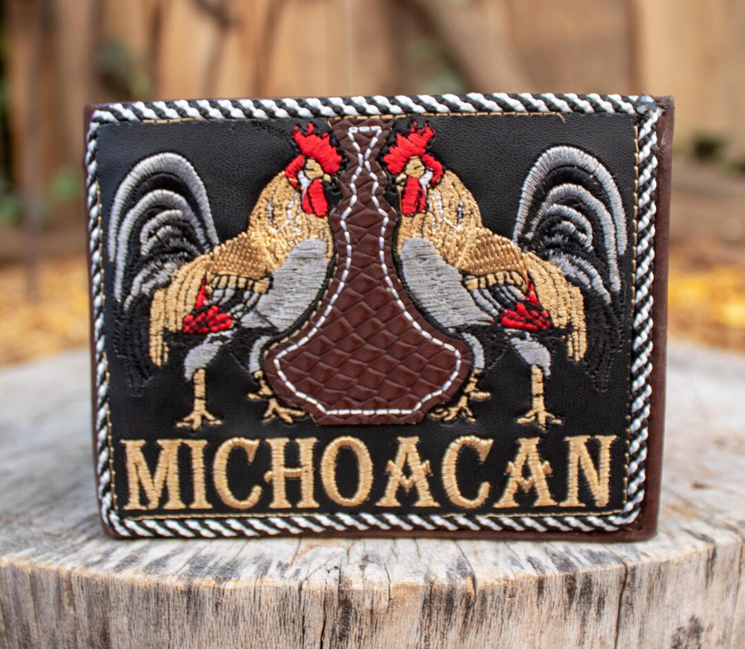 MICHOACAN Mexico ROOSTER Gallo Western EMBROIDERED Leather Bi Fold ...