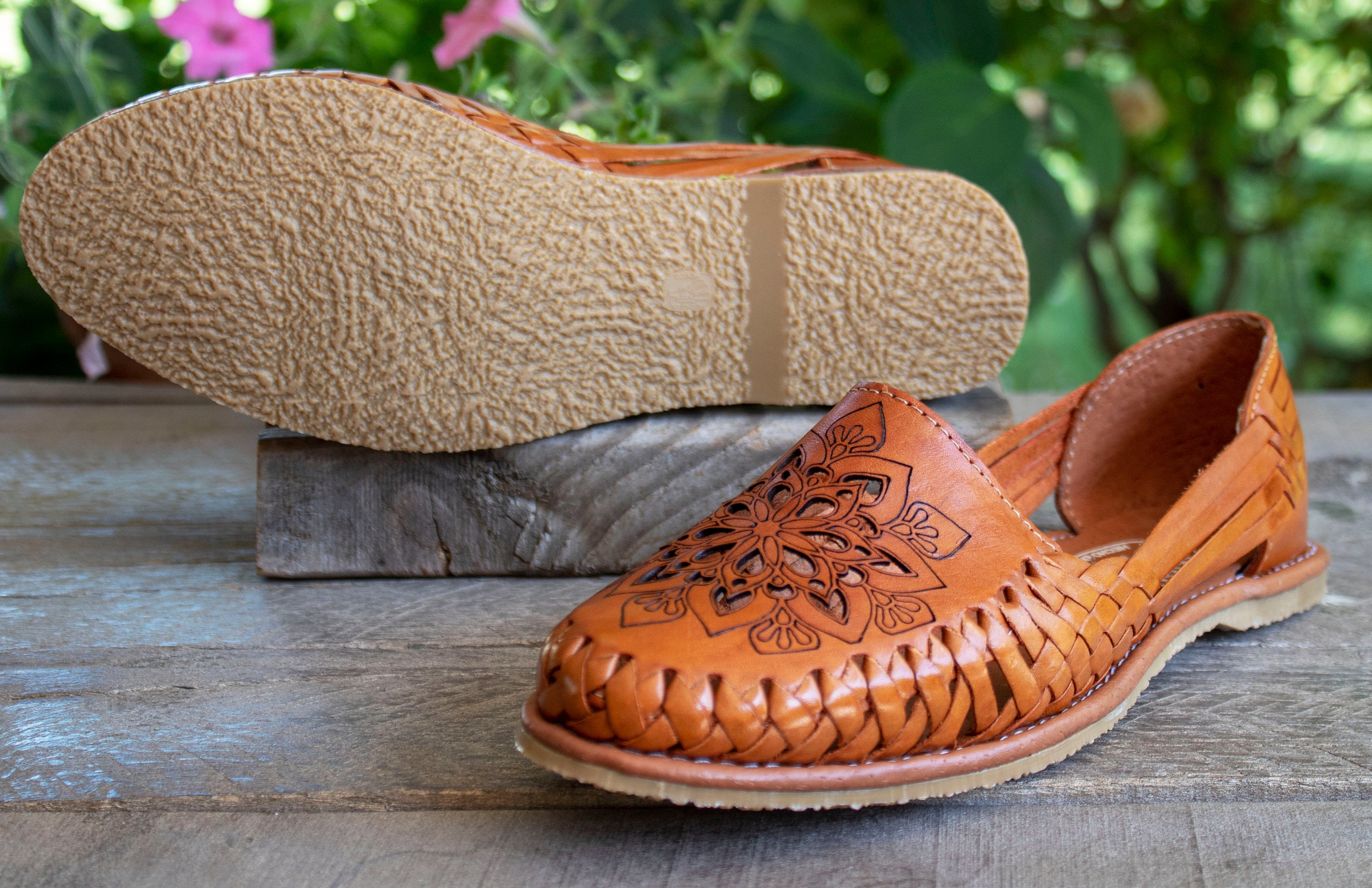 WOMENS MEXICAN SANDALS Brown Leather Flower Stamped Shoe Huarache - Etsy