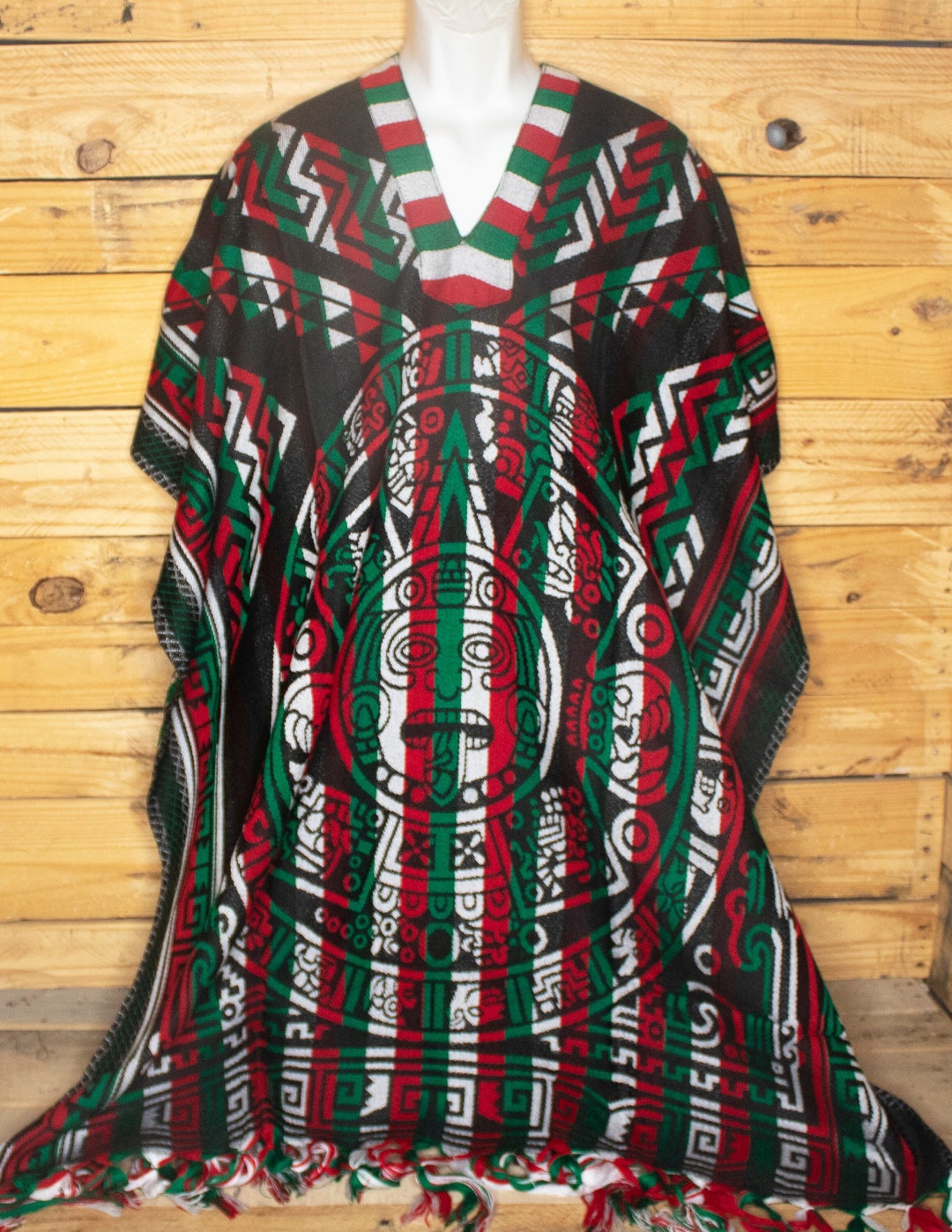Mexican Sol Azteca Aztec Sun 2 Sided Tri Color PONCHO REBOZO Gaban ...