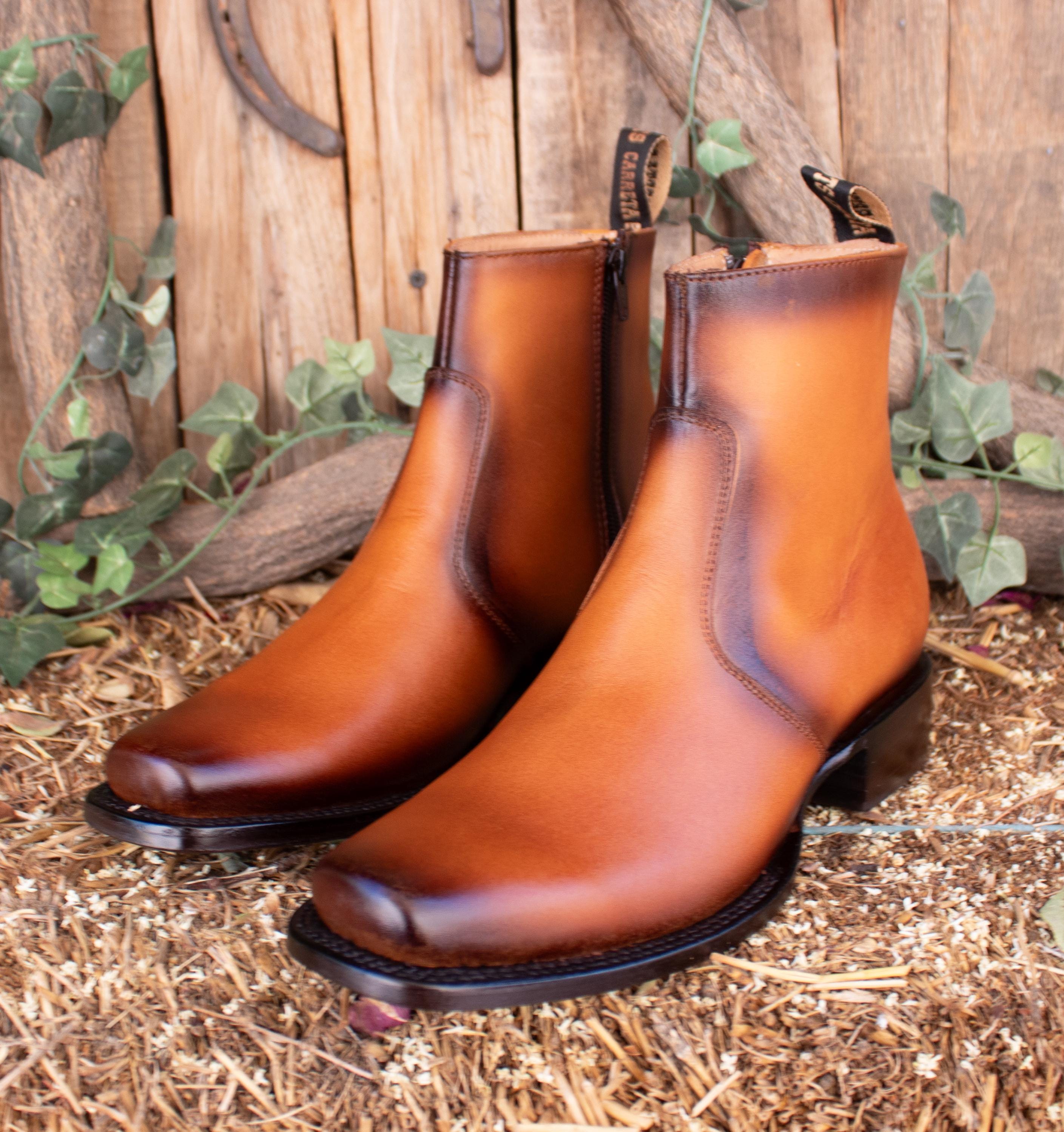 MENS LEATHER COWBOY Honey Brown Rodeo Square Toe Half Boots Botines De ...