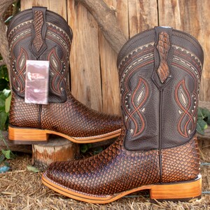 MENS Honey Brown PYTHON Snake Faux Leather Square Toe Cowboy Western ...