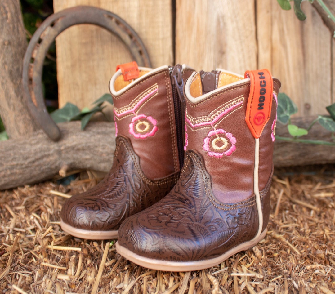 Girls BABY FLORAL Leather STAMPED Embroidered Round Toe Leather Cowboy ...