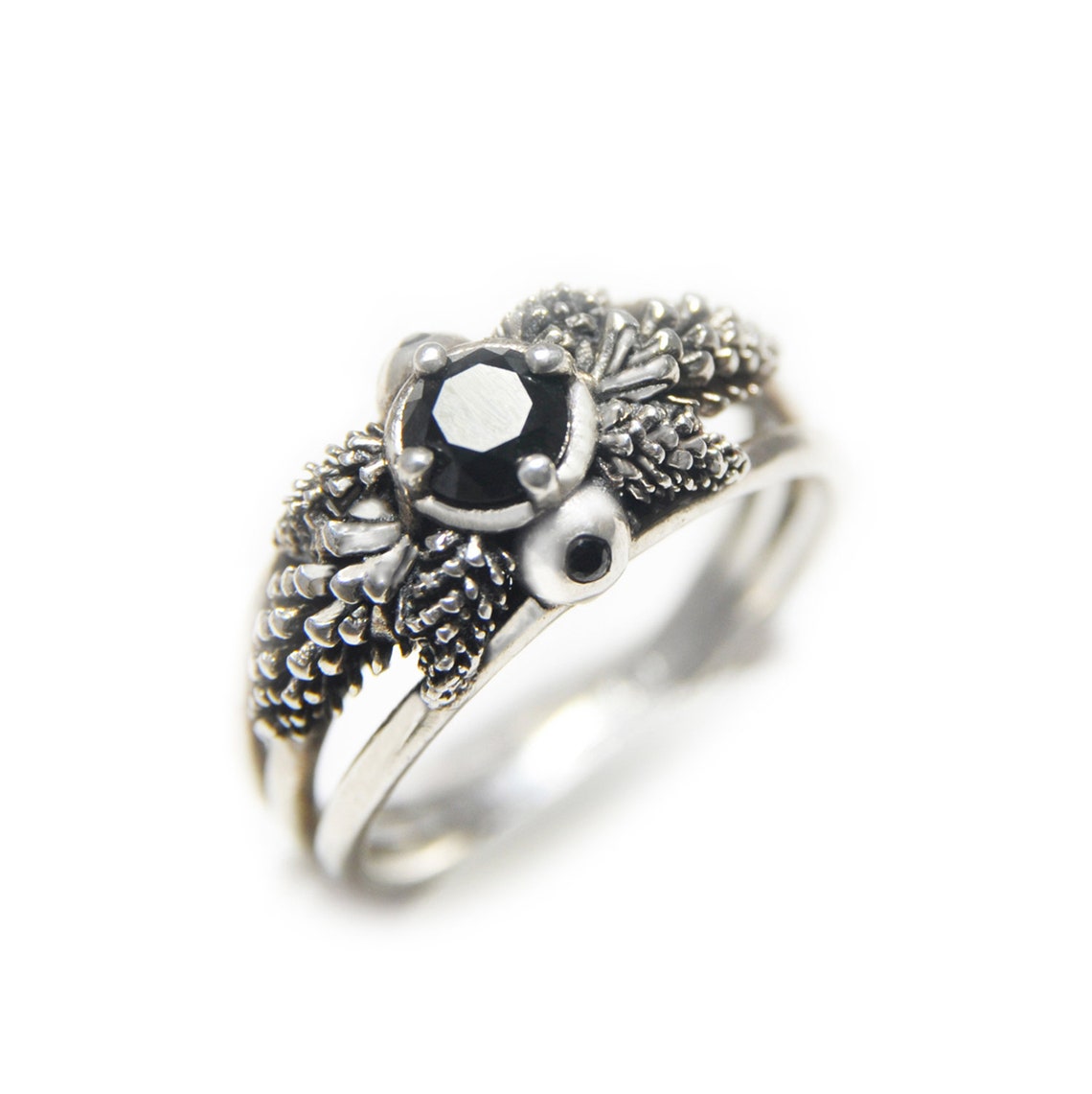 Pine-cone Ring Silver Statement Ring Black Stone Ring - Etsy