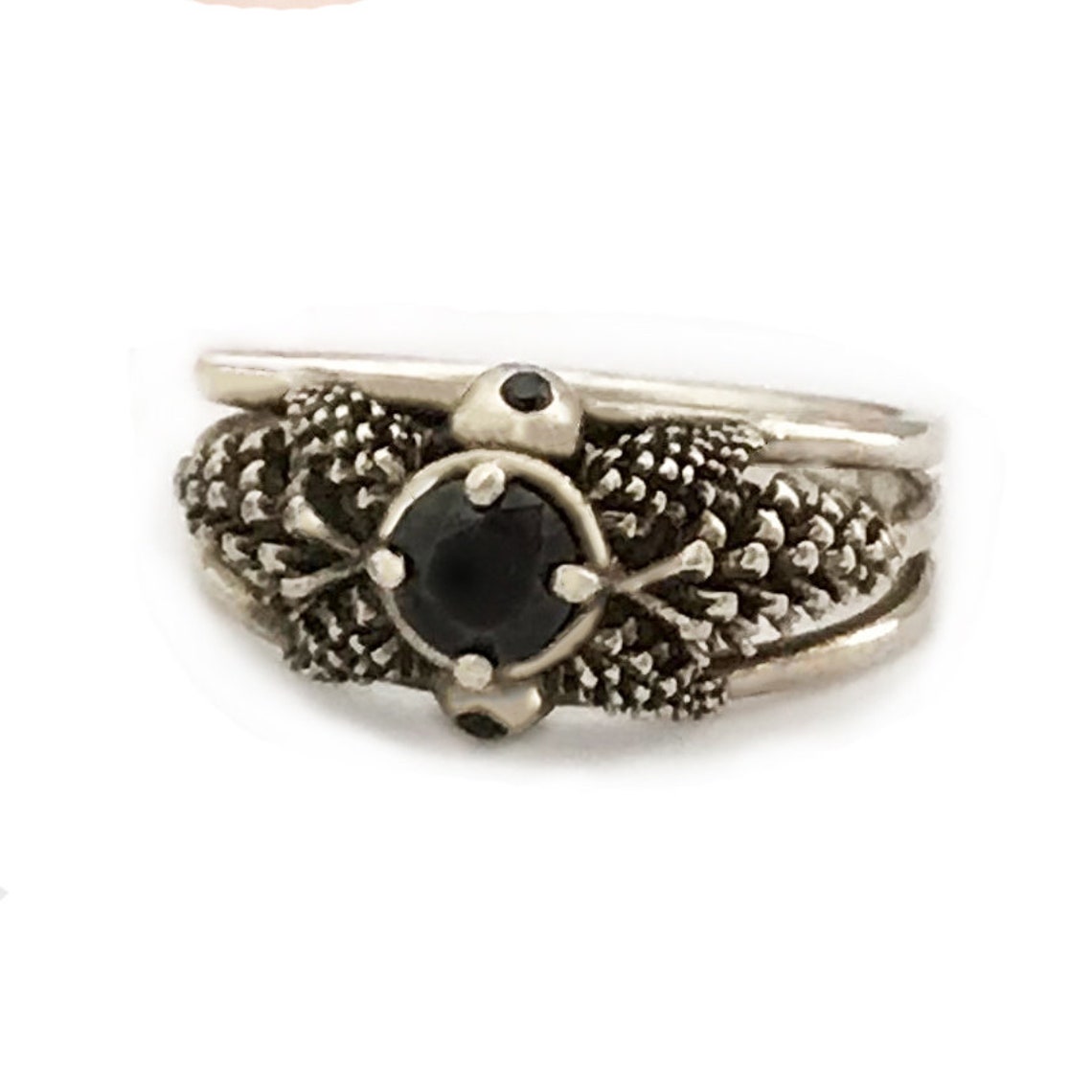 Pine-cone ring Silver statement ring Black stone ring | Etsy