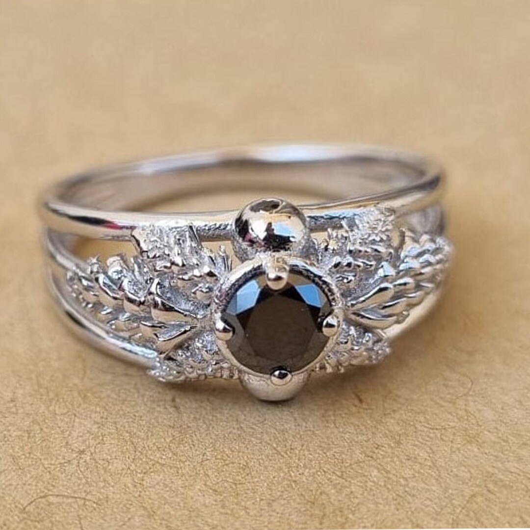 White Gold Pine Cone Ring, Black Diamond Ring, Hand Made Ring ...