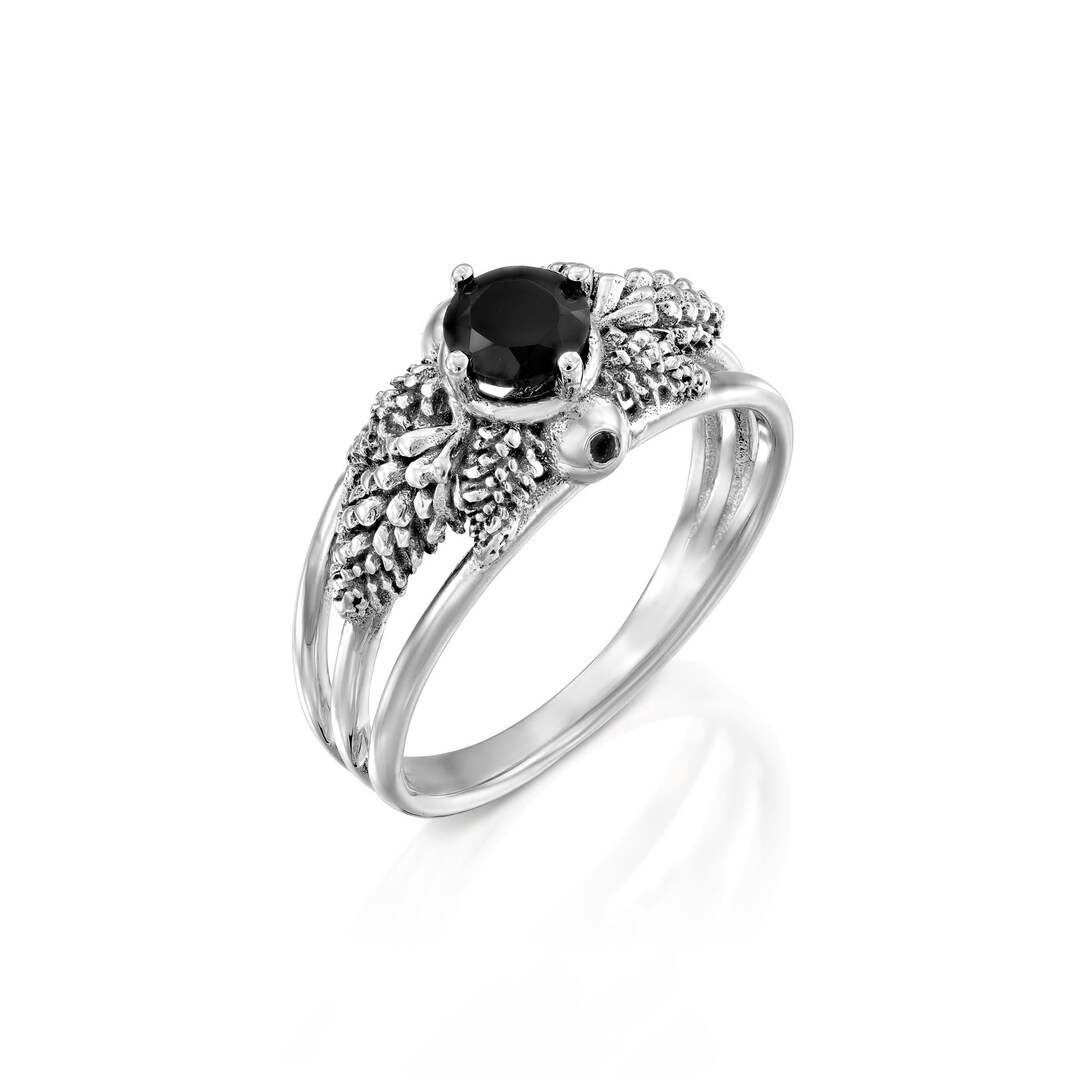 Pine-cone Ring, Silver Statement Ring, Black Stone Ring, Floral Jewelry ...