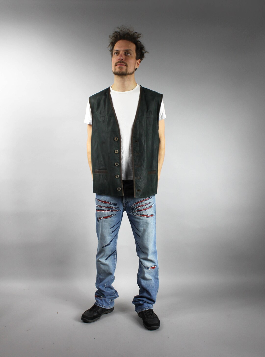 80s PLUS SIZE Rocker Genuine Leather Khaki Biker Vest XL - Etsy