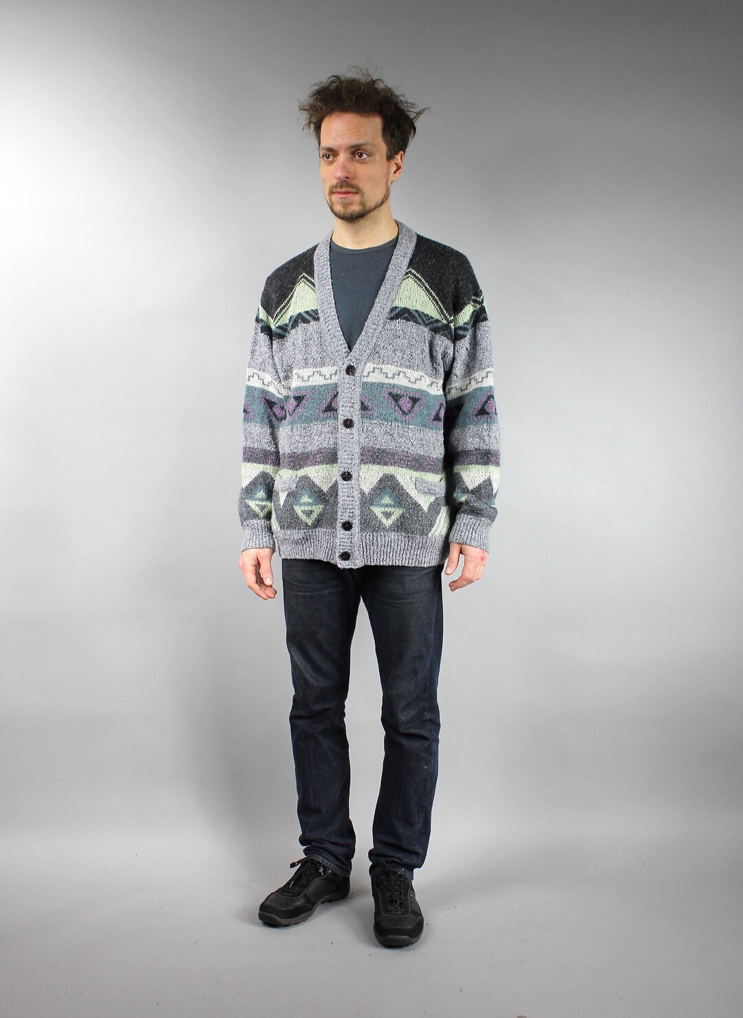 80s Gray Oversized Boyfriend Style Cardigan. Grunge Wool Blend - Etsy