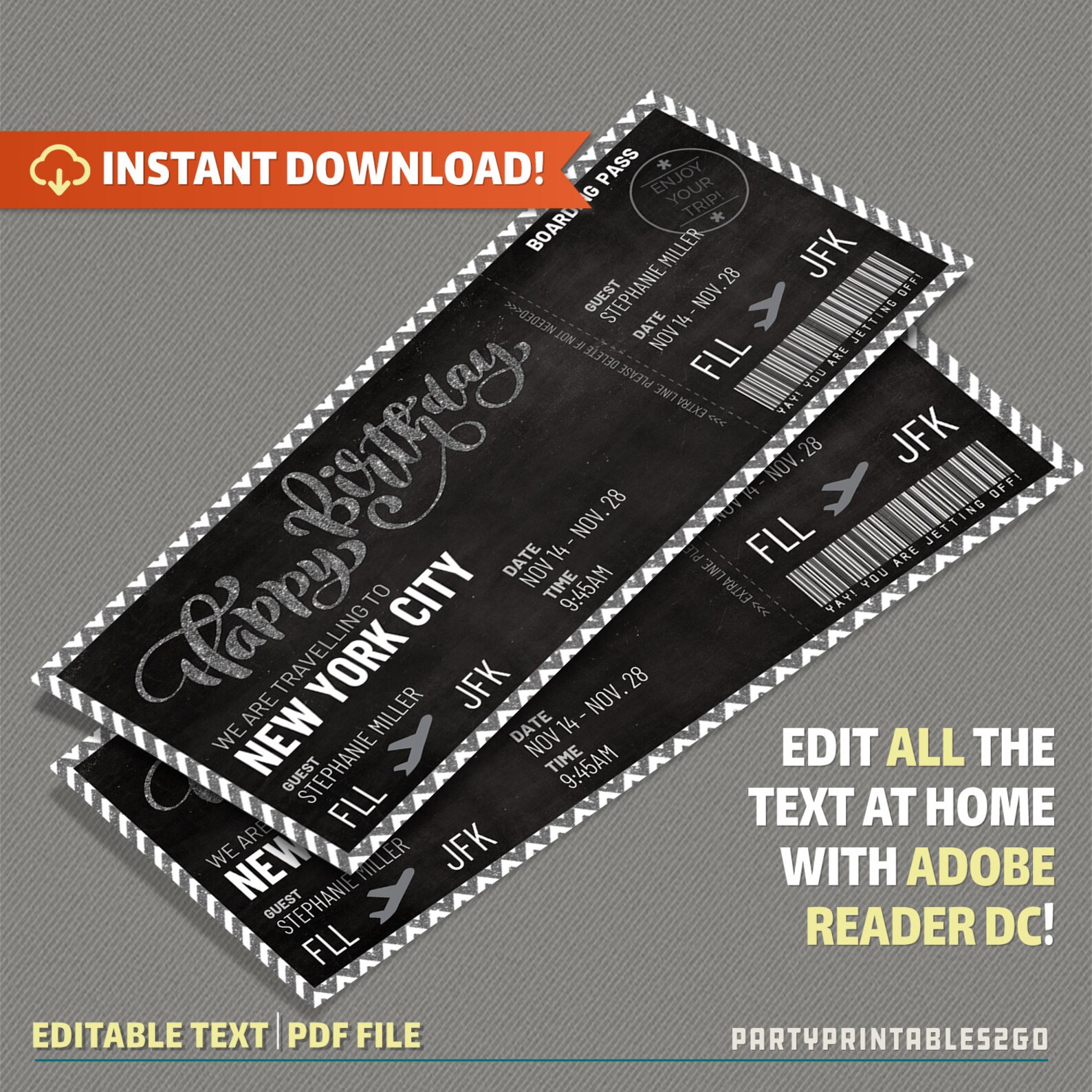 Editable Airplane Boarding Pass blackboard Surprise Trip Airline Ticket ...