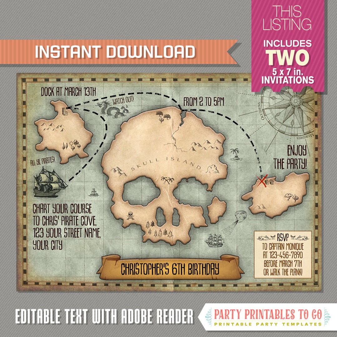 Pirate Map Party Invitation Version 2 - INSTANT DOWNLOAD - Treasure Map ...