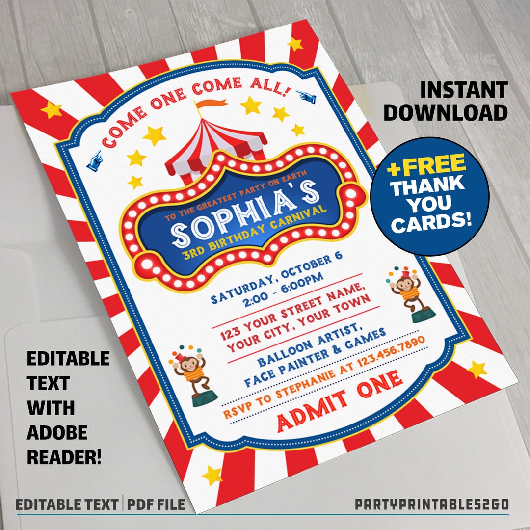 Circus Invitations - Carnival Birthday Invitations - Carnival Party ...