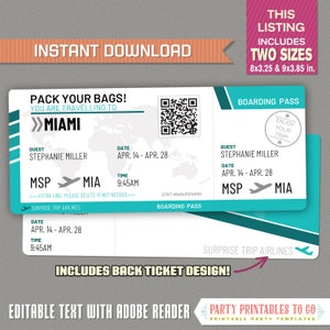 Editable Airplane Boarding Pass (teal) Surprise Trip Airline Ticket ...