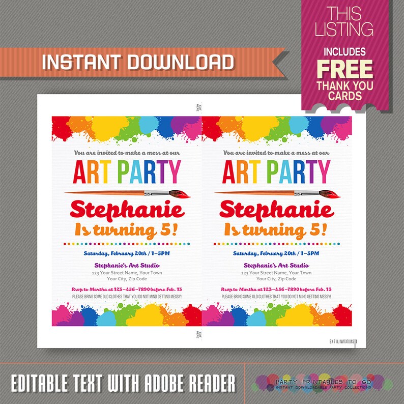 Art Party Invitation with FREE Thank you Card Art Birthday | Etsy