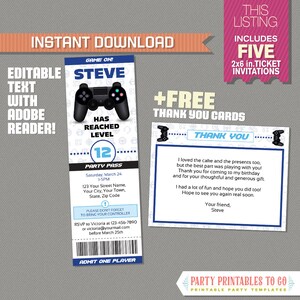 Video Game Ticket Invitation With FREE Thank You Card! (blue) - Video ...