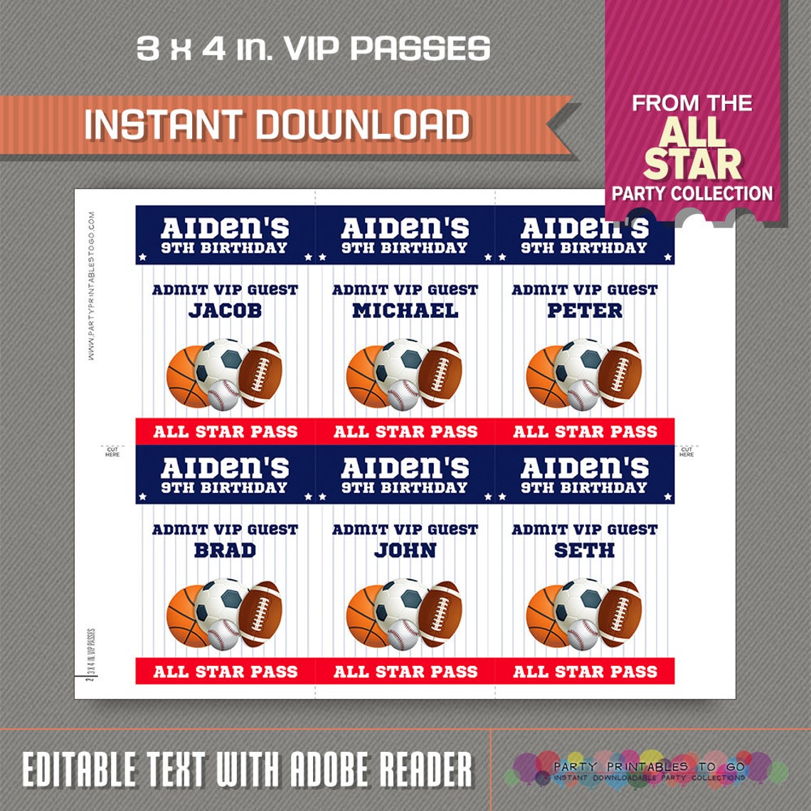 All Star Sports Party Pass Printable Insert INSTANT DOWNLOAD - Etsy
