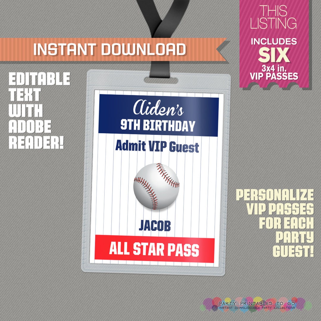 Baseball Party All Star Pass Printable Insert - Baseball Birthday ...