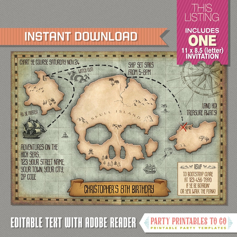 Pirate Map Party Invitation LETTER SIZE Instant Download Treasure Map ...