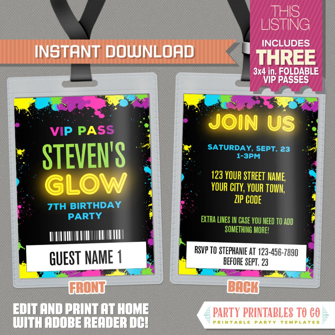 Neon Glow Party VIP Pass Invitations - Neon Glow Party Vip Pass - Glow ...