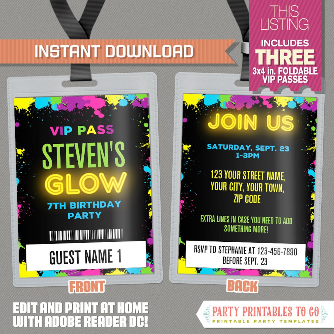 Neon Glow Party VIP Pass Invitations Neon Glow Party Vip - Etsy