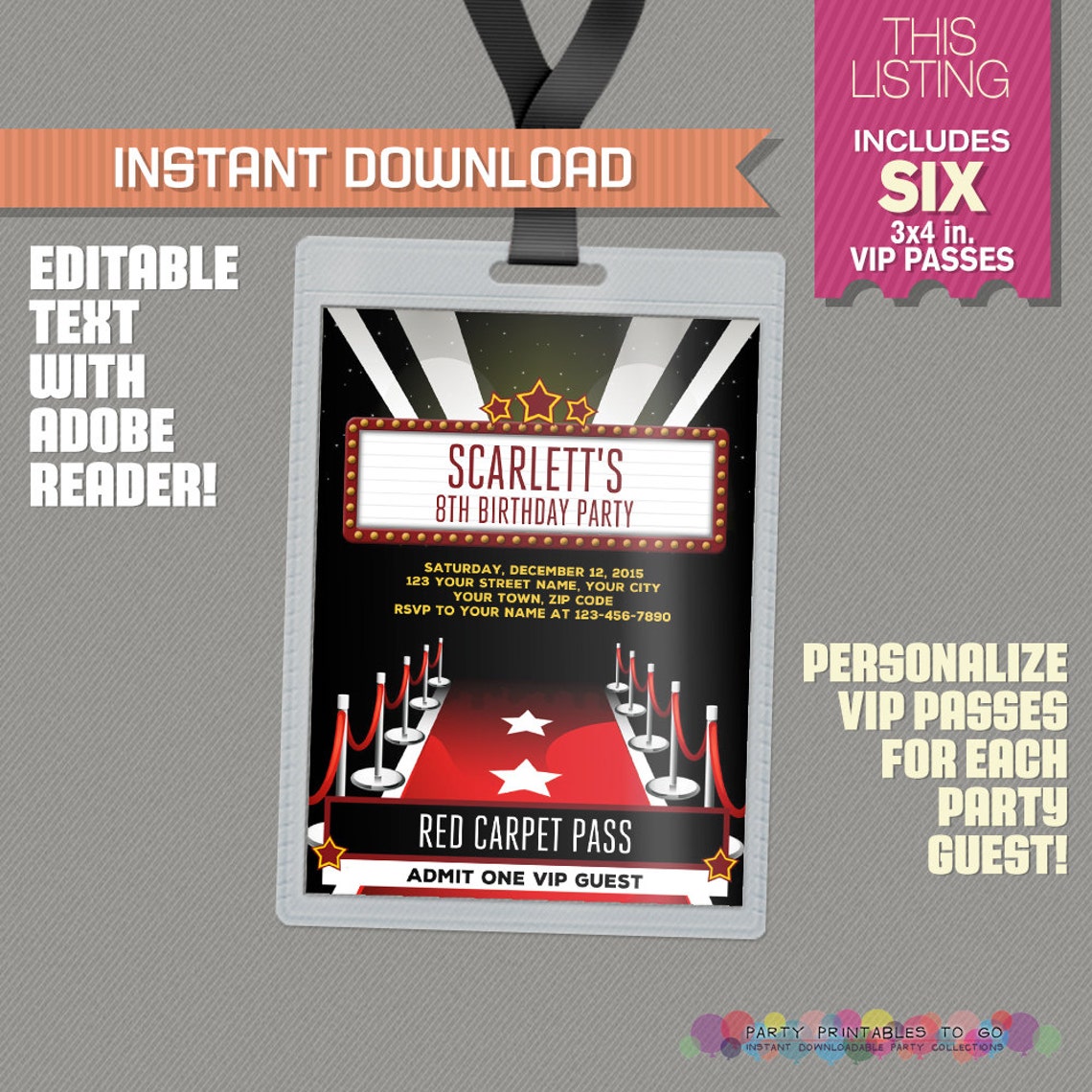 Red Carpet Party Pass Printable Insert Red Carpet Birthday - Etsy