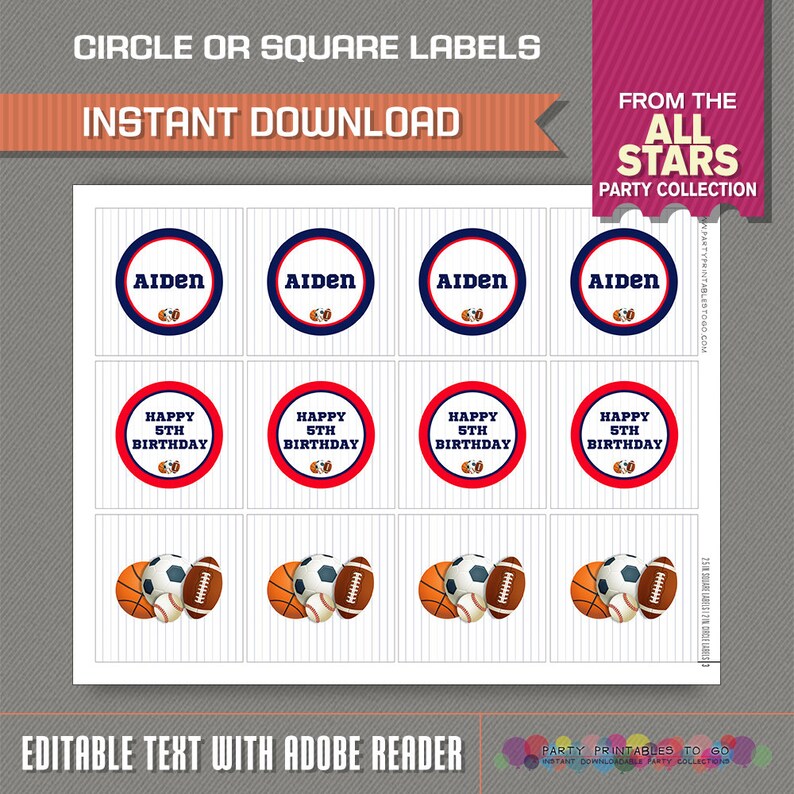 Sports Party Printable Birthday Labels INSTANT DOWNLOAD - Etsy