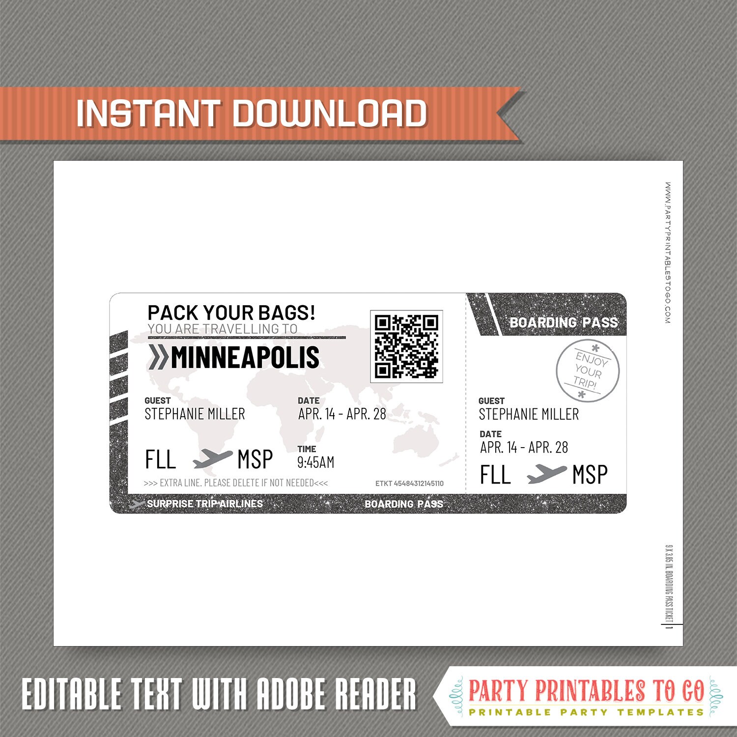 Editable Airplane Boarding Pass glitter Silver Surprise Trip | Etsy