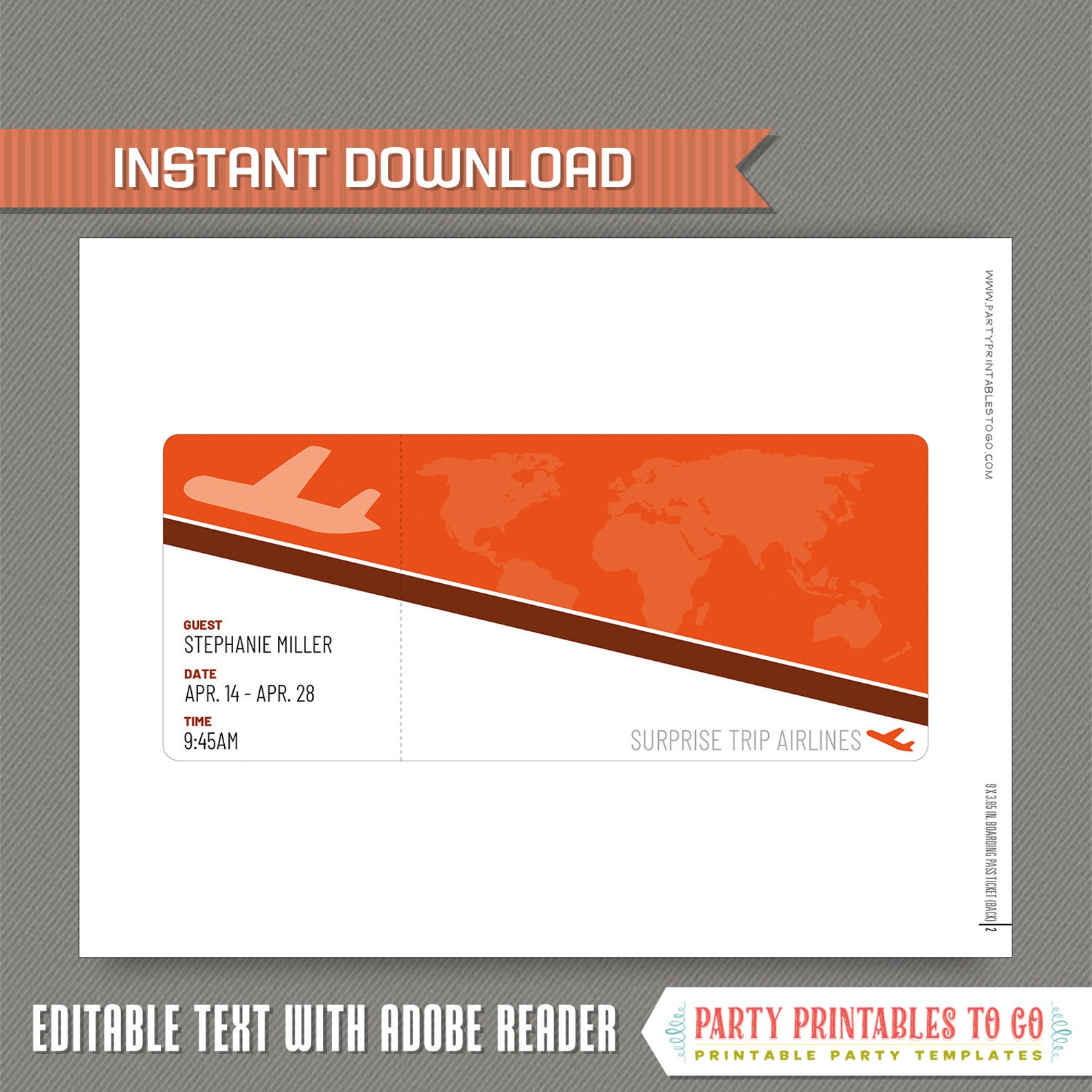 Editable Airplane Boarding Pass orange Surprise Trip - Etsy