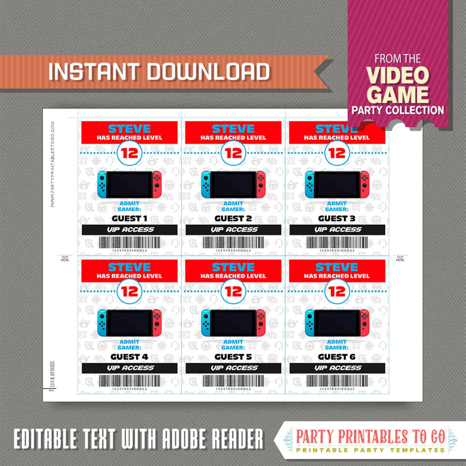 Video Game Party VIP Pass Printable Insert red INSTANT | Etsy
