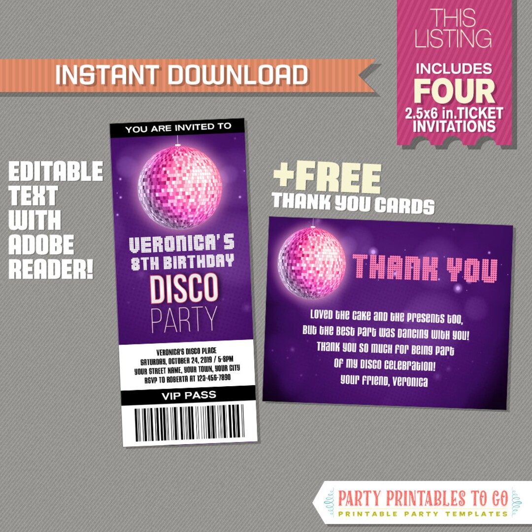 Disco Party Ticket Invitation With FREE Thank You Card! (purple ...