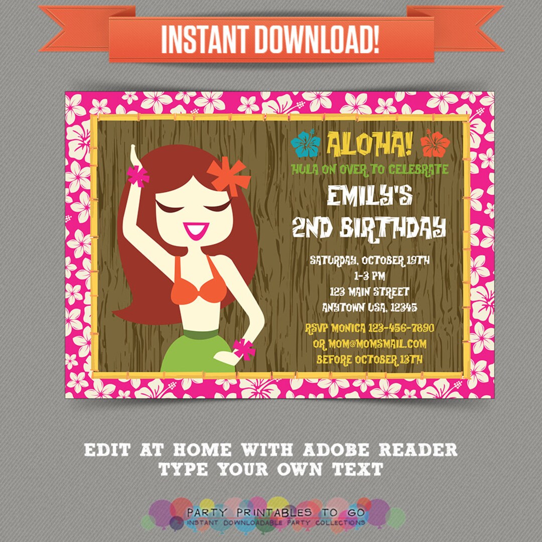 Hawaiian Luau Birthday Party Printable Invitation - Editable PDF File ...