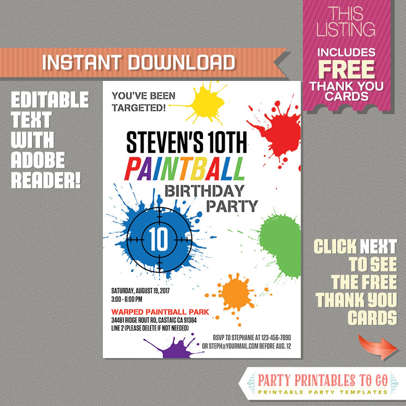 Paintball Invitation With FREE Thank You Card Paintball - Etsy