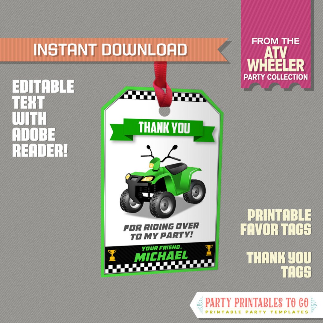 ATV Party Favor Tag / ATV Thank You Tag (green) - 4 Wheeler Birthday ...