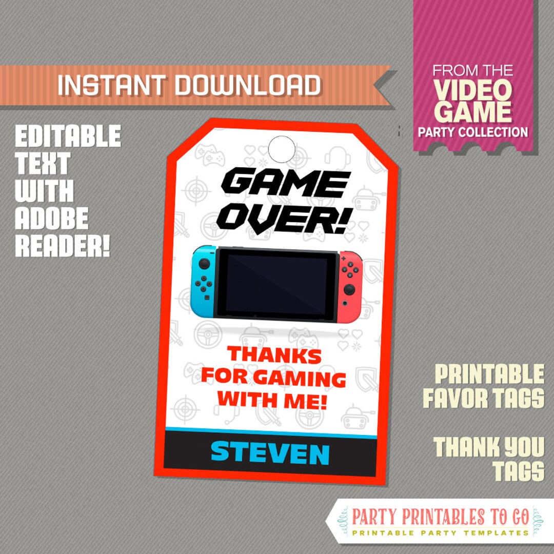 Video Game Favor Tag / Video Game Thank You Tag - (red) INSTANT ...