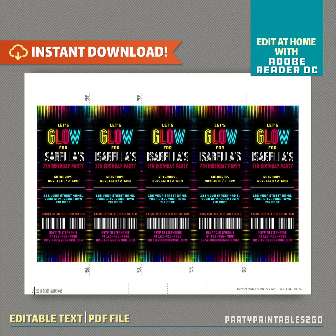 Neon Glow Party Ticket Invitations With Free Thank You Cards - Etsy