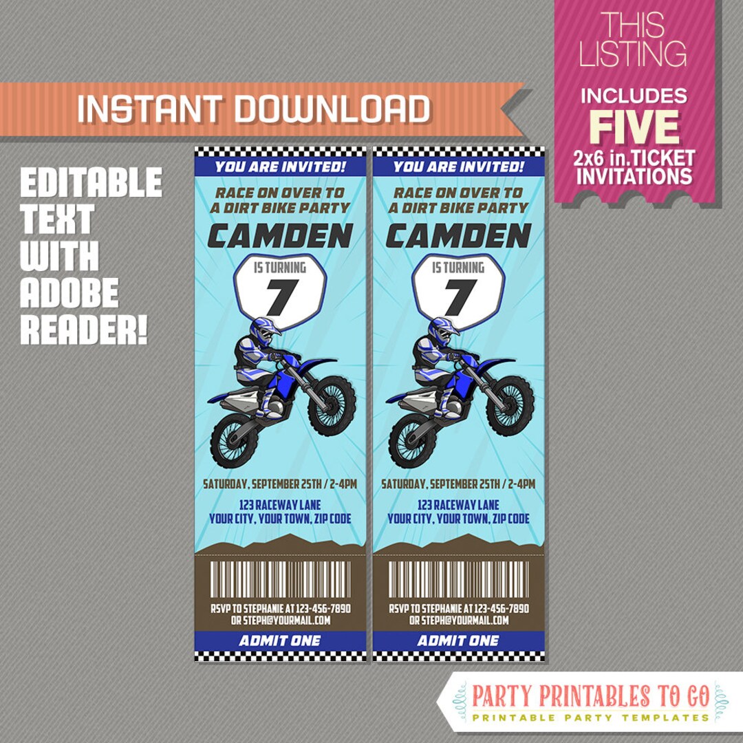 Dirt Bike Party Ticket Invitation (blue) - Motocross Birthday Party ...