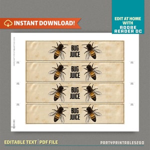 Bug Party Bottle Labels, Bug Party Napkin Rings - INSTANT DOWLOAD - Bug ...