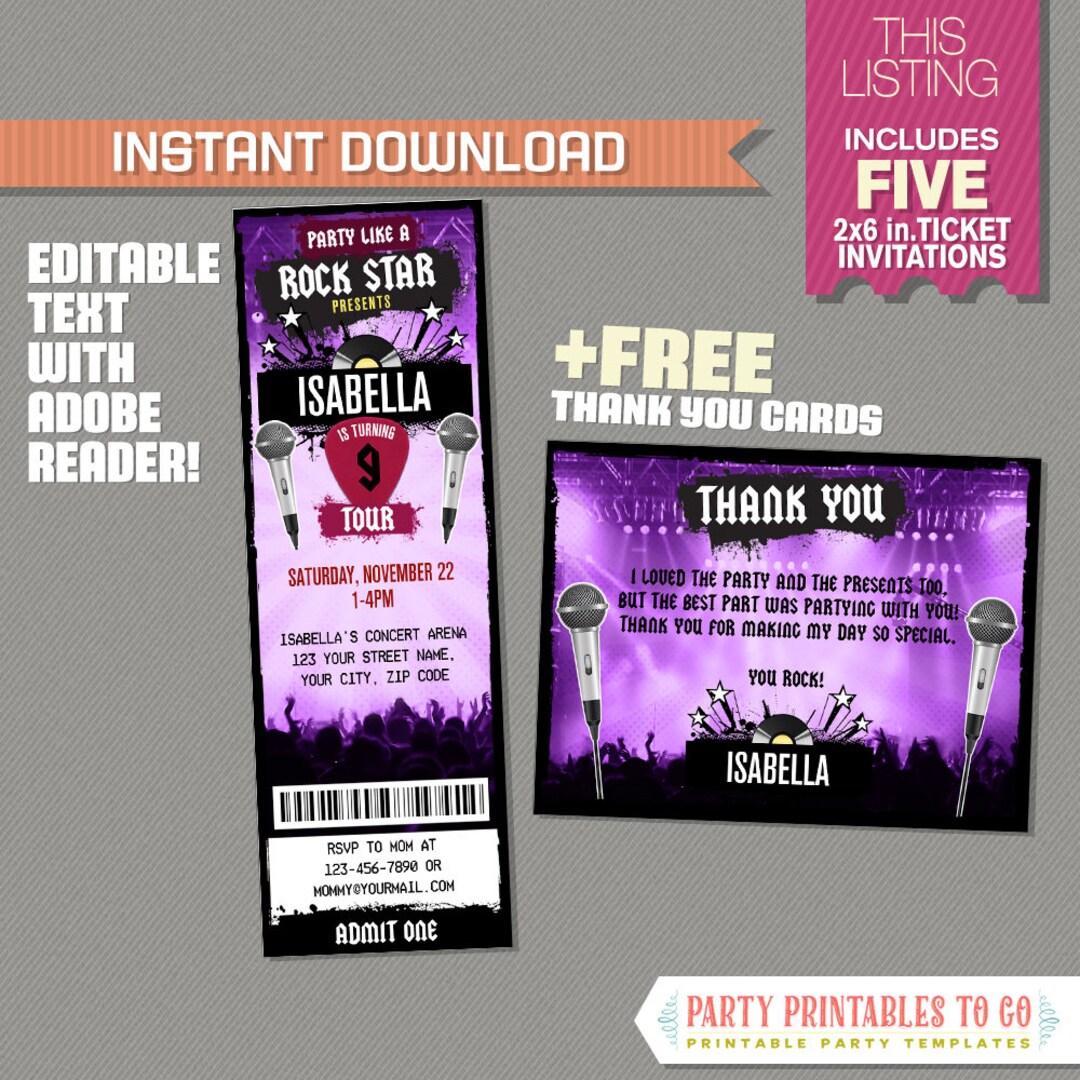 Rockstar Party Ticket Invitation (purple) With FREE Thank You Card ...