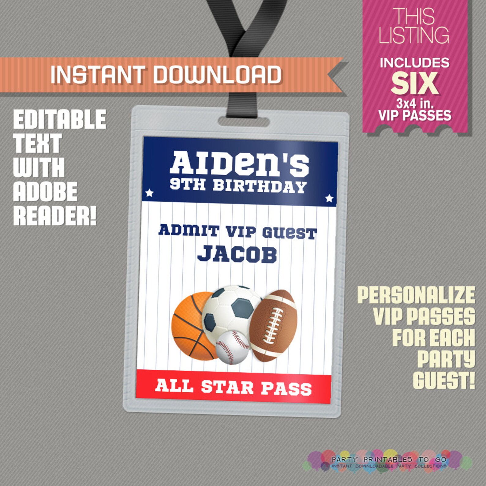 All Star Sports Party Pass Printable Insert INSTANT DOWNLOAD - Etsy