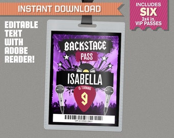 Rockstar Party Backstage Pass Printable Insert purple - Etsy