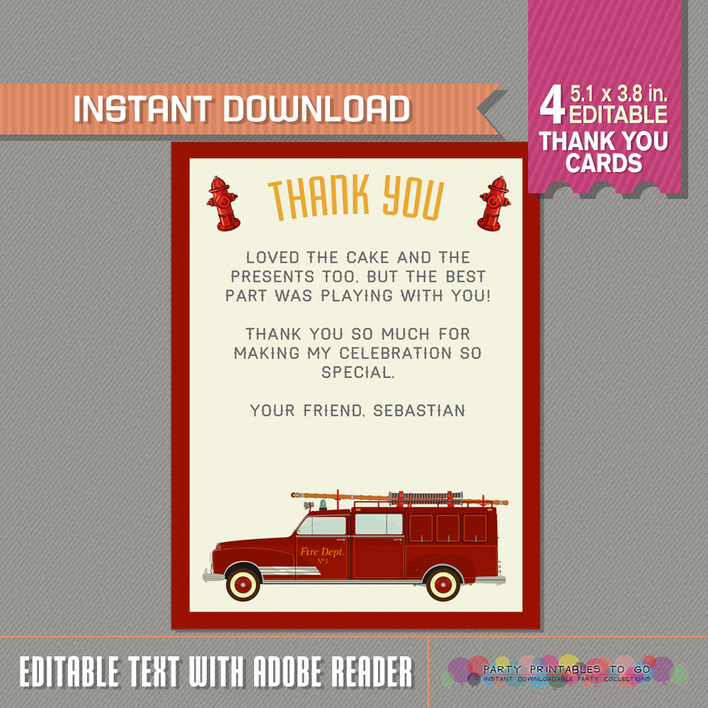 Fireman Thank You Card Firetruck Thank You Card Fireman - Etsy