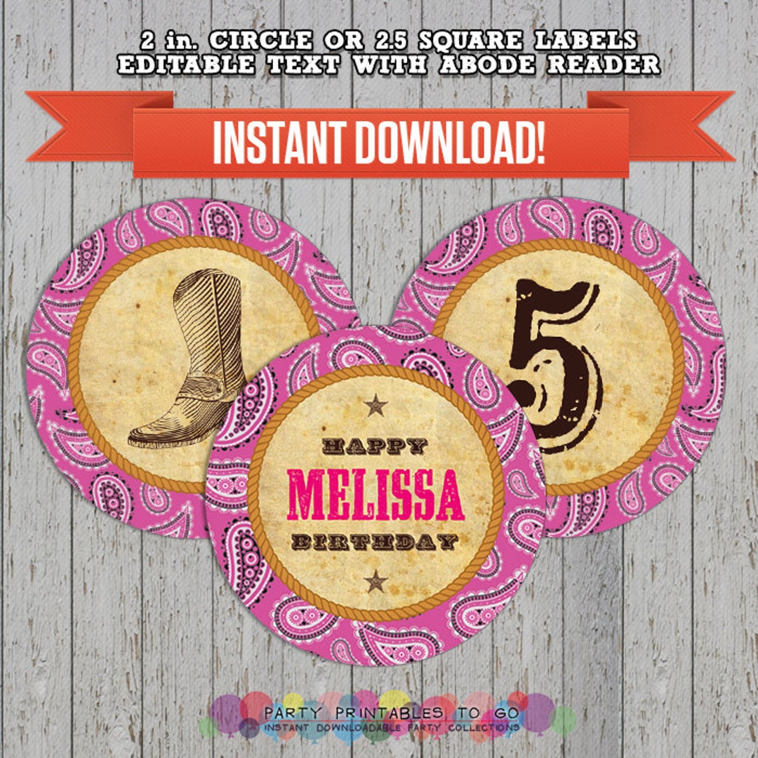Cowgirl Party Printable Birthday Labels - Editable PDF File - Print at ...