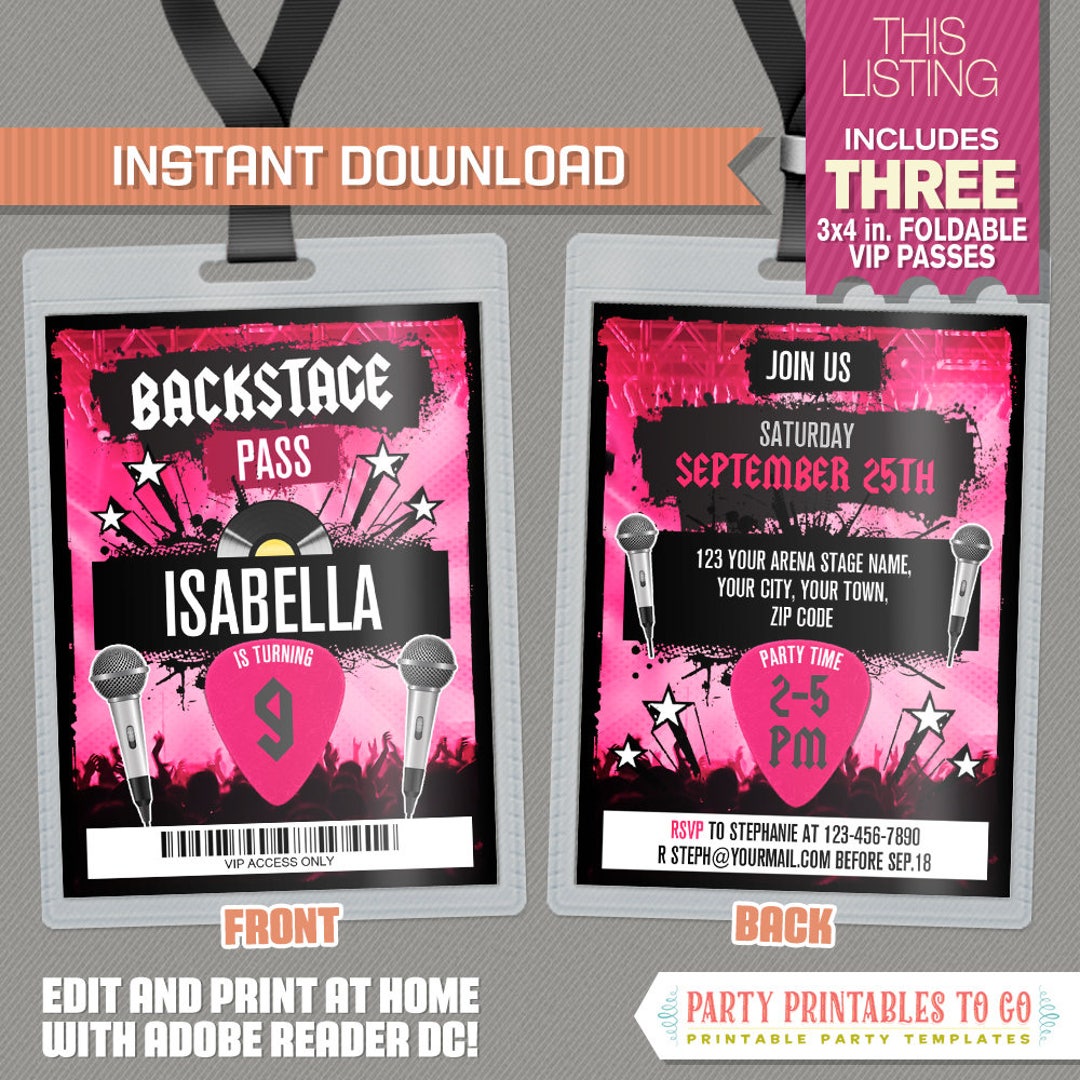 Rockstar Birthday Party VIP Pass Invitations (pink) - INSTANT DOWNLOAD ...