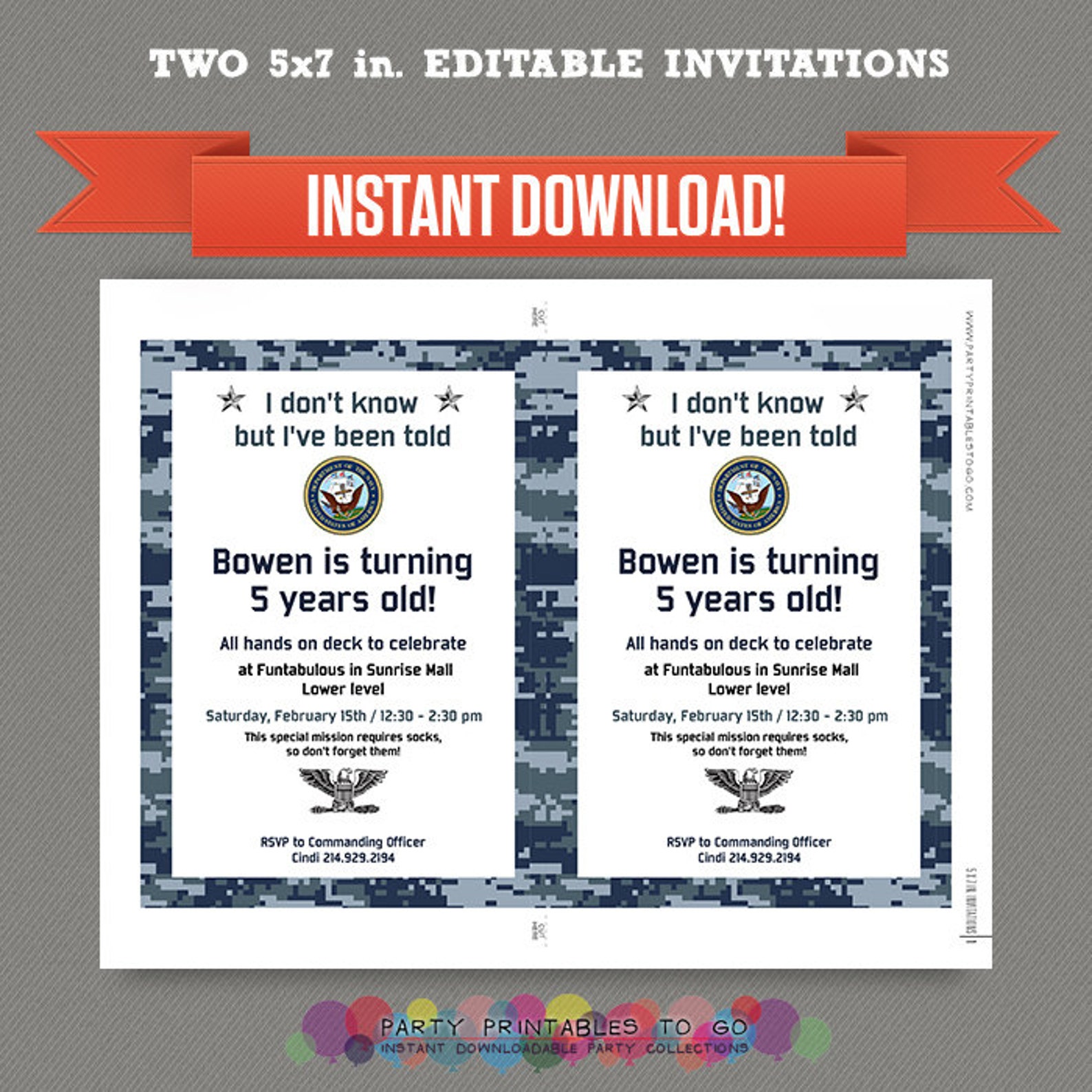 Navy Printable Birthday Party Invitation Editable PDF File | Etsy