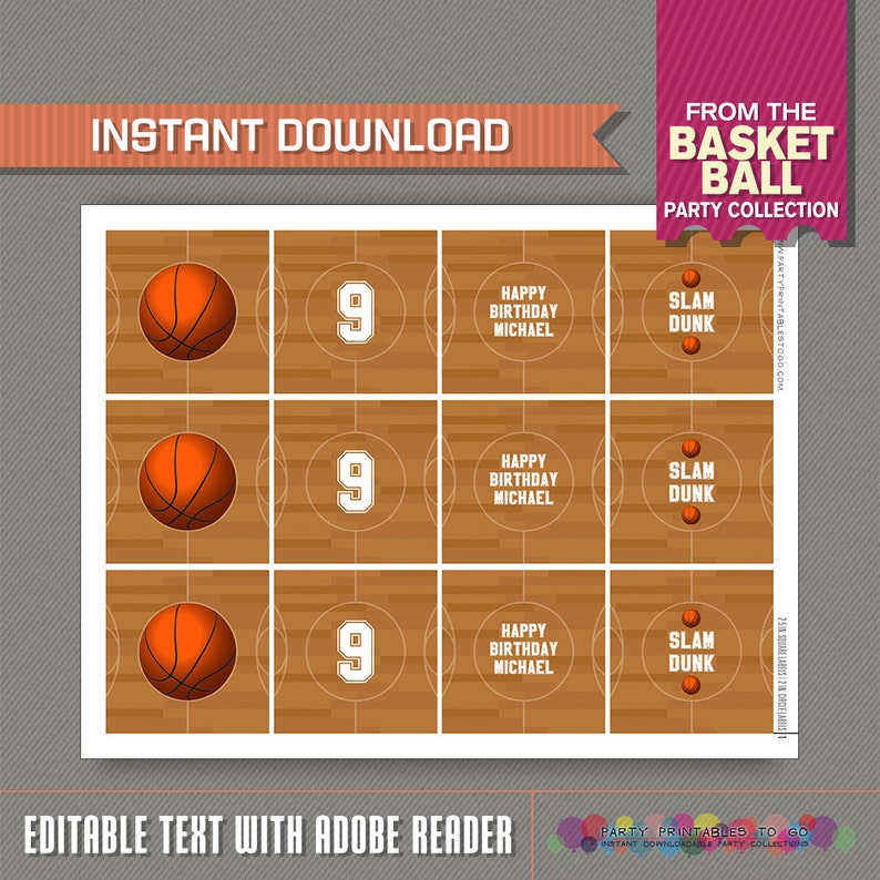 Basketball Party Printable Birthday Labels Editable PDF File - Etsy
