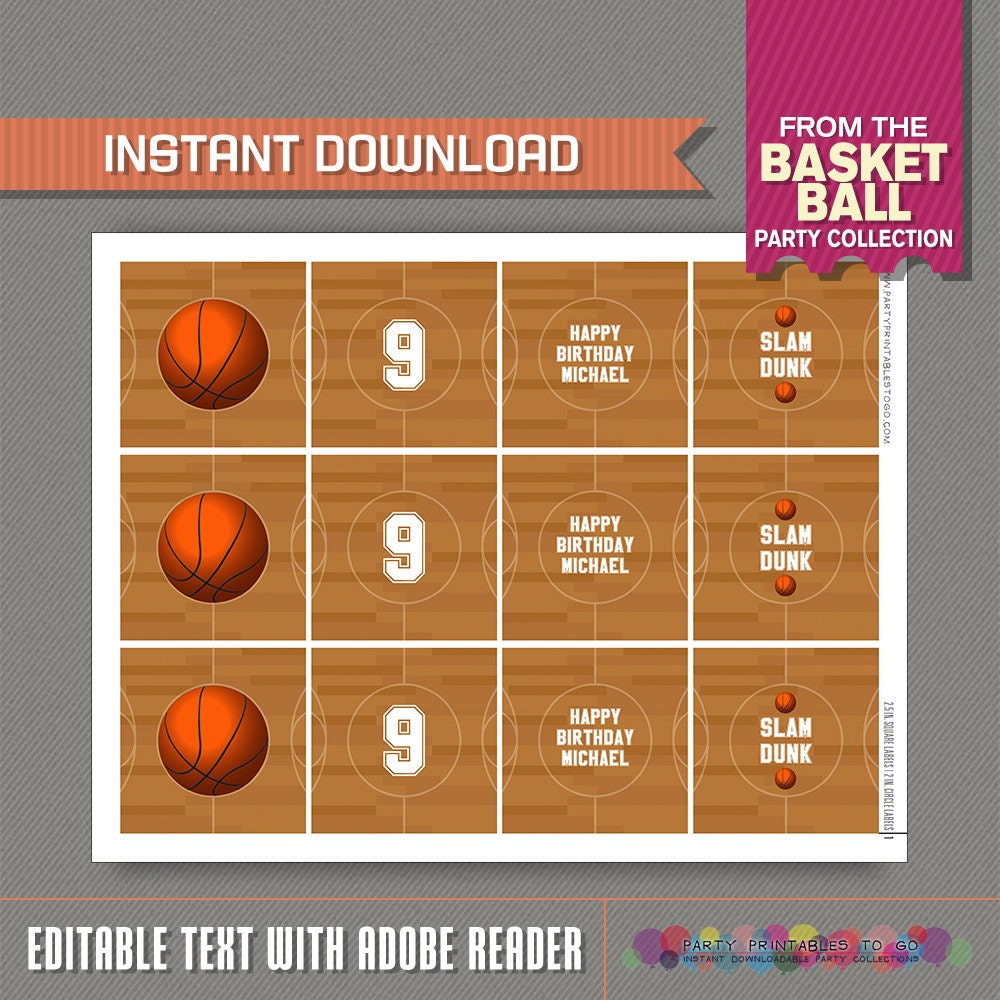 Basketball Party Printable Birthday Labels Editable PDF File | Etsy